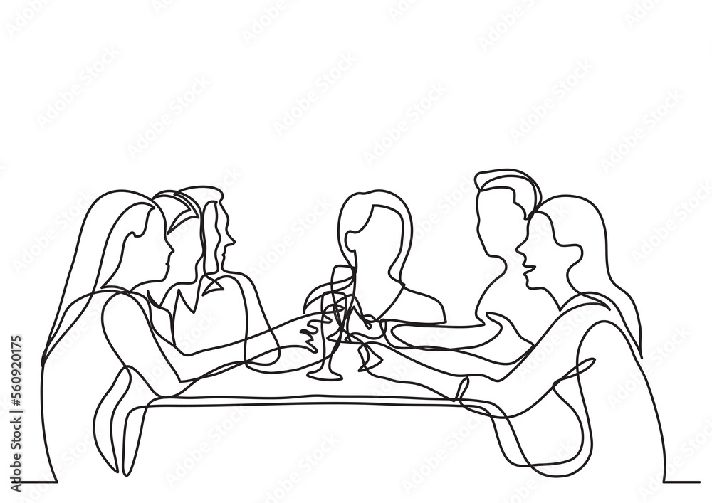 continuous line drawing company of friends dining in restaurant - PNG ...