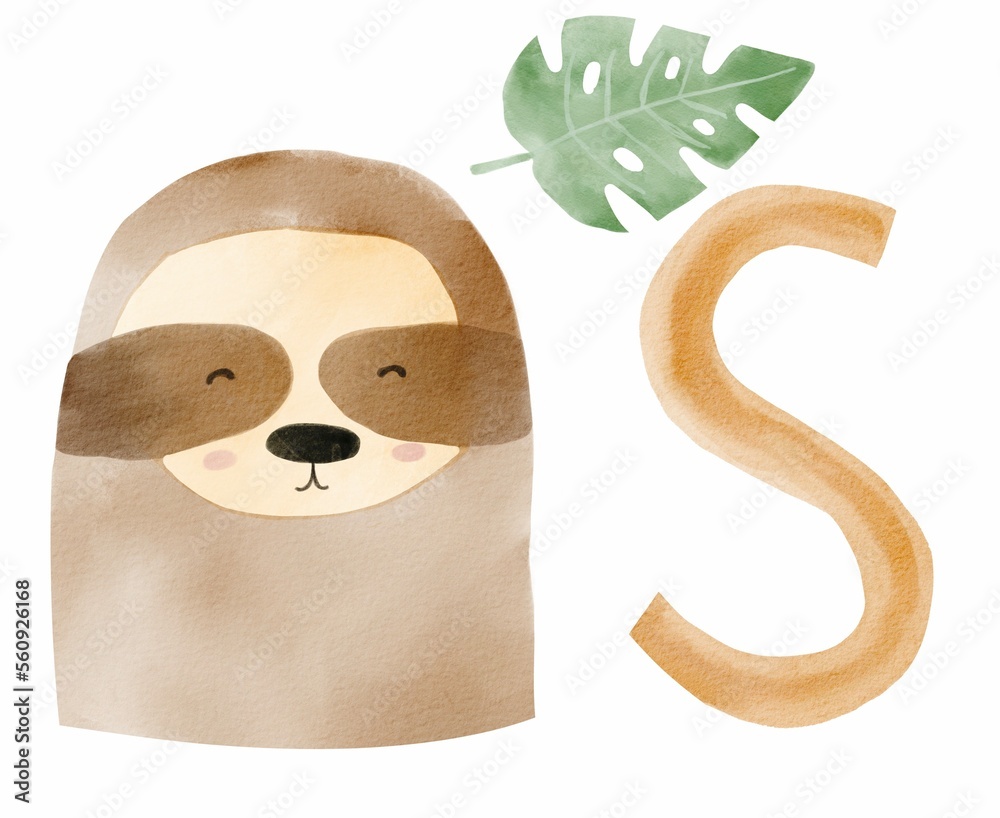 Letter S. Sloth Safari watercolor alphabet letter. African ABC Jungle ...