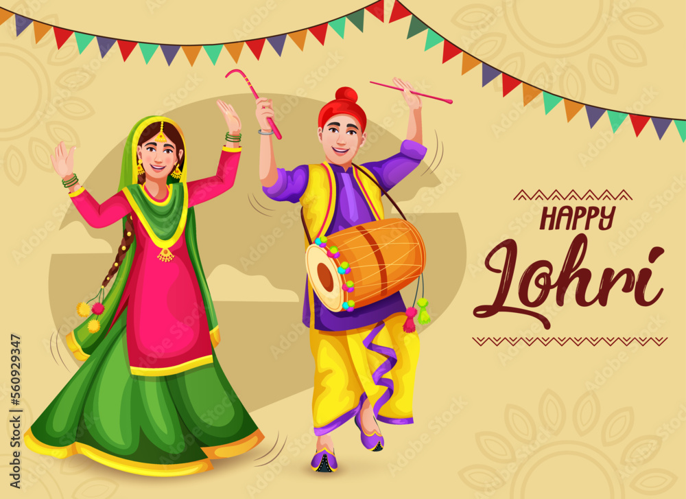 Lohri festival of Punjab India banner. Happy kids dancing at the event ...