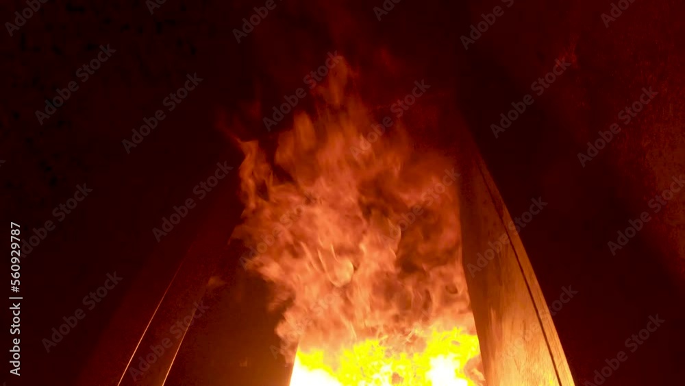 Fire flashover inside burn building of fire training center. Flames ...