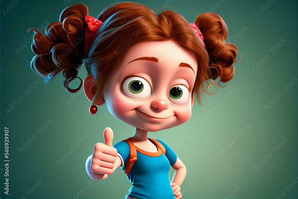 Cartoon girl smiling with thumb up. Ok sign, agree and success concept ...