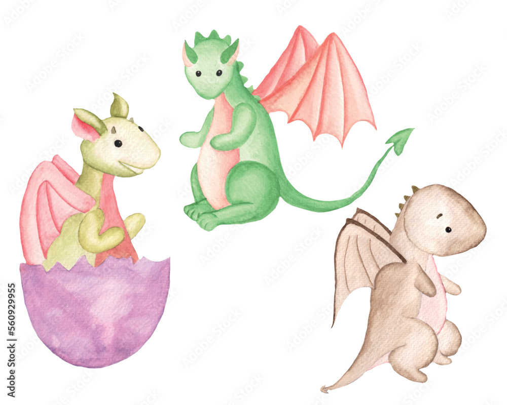 Isolated Watercolor Dragon Clipart on White Background, Cute Dragon ...