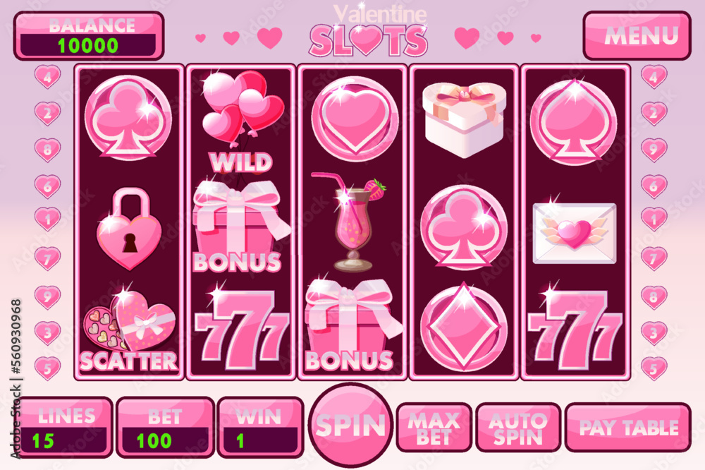 Interface slot machine style St. Valentine. Complete menu of graphical ...
