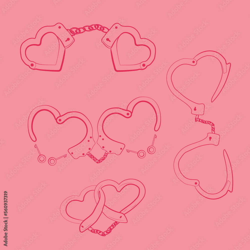 Set of Heart shaped handcuffs silhouette icon. Clipart image isolated ...