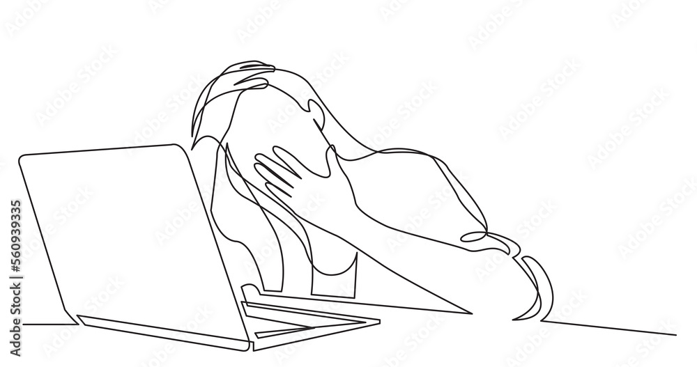 one line drawing of tired bored woman with laptop working from home ...