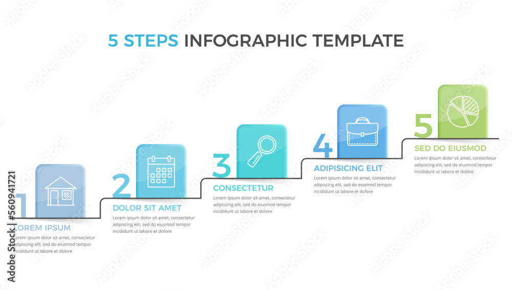 Infographic template with 5 steps with numbers and icons, workflow ...