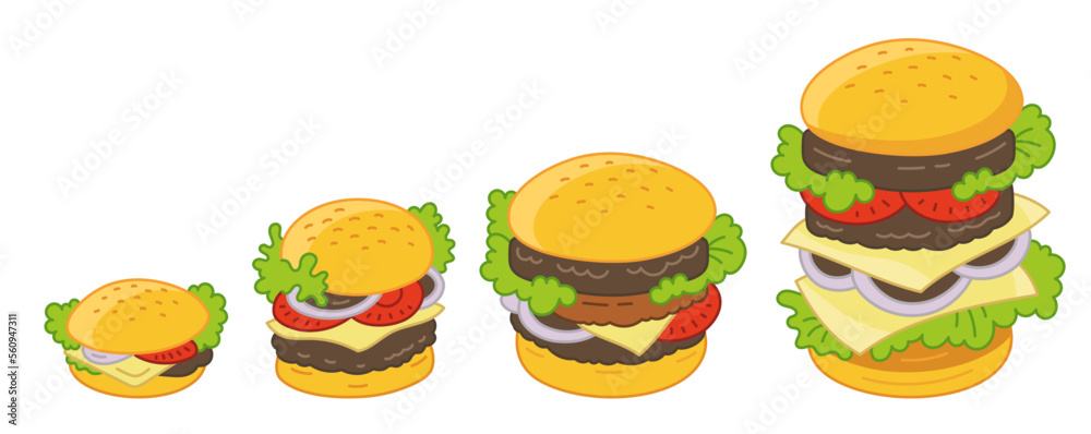 Burger size. Fast food. Calculation of increasing calories. Hamburger ...