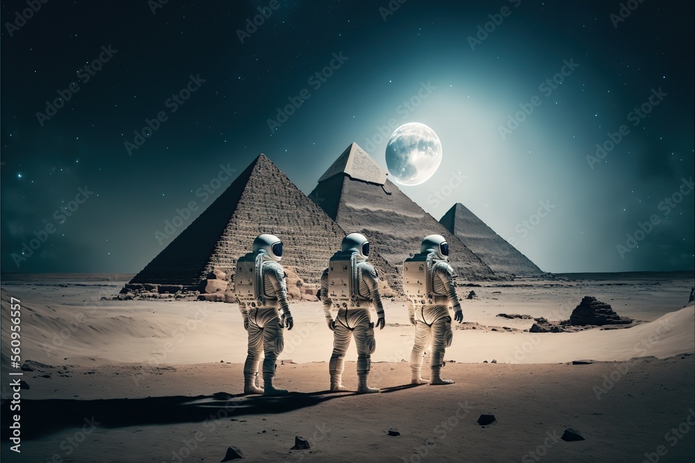 Spacemen in suits stand against ancient Egyptian pyramids AI Stock ...