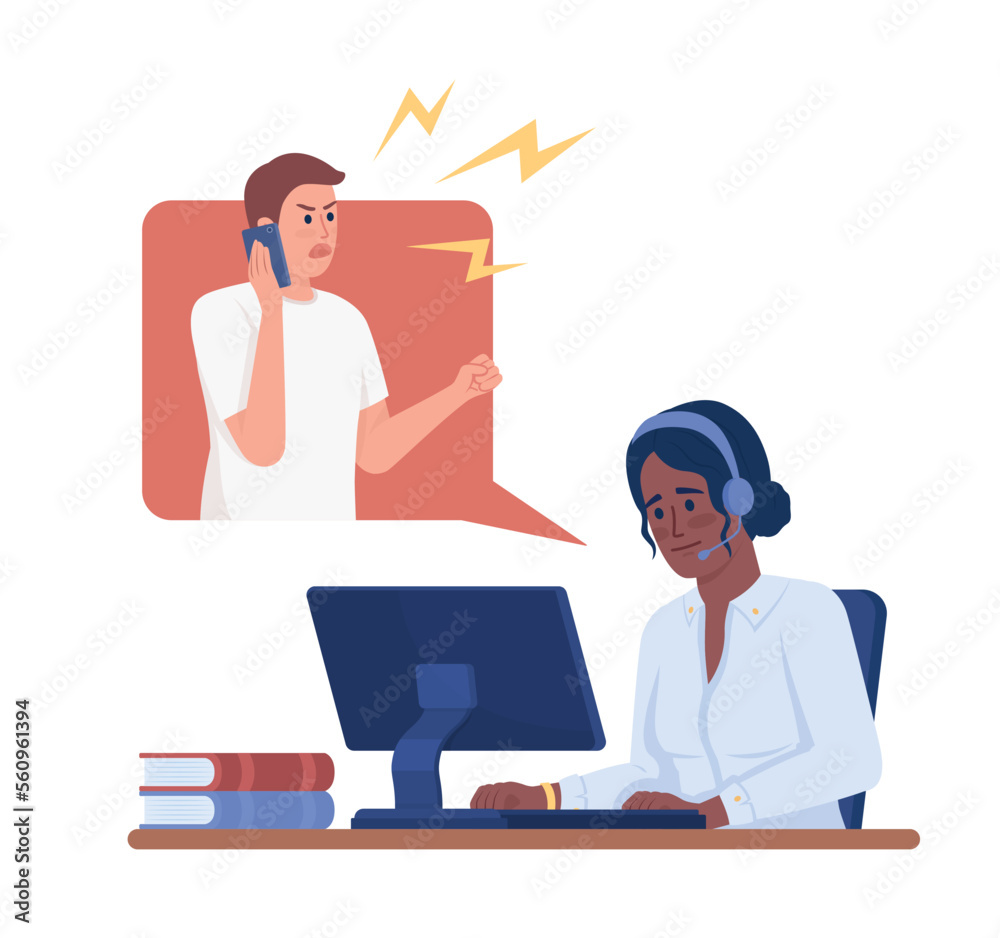 Vecteur Stock Female operator handling angry customer semi flat color ...