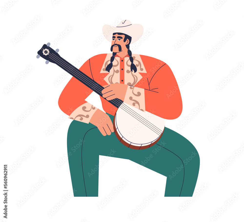 Musician holding banjo. Country music performer portrait with ethnic ...