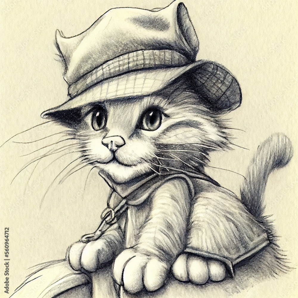 Cute cat kitten wearing a hat as pencil drawing (Generative AI) Stock ...