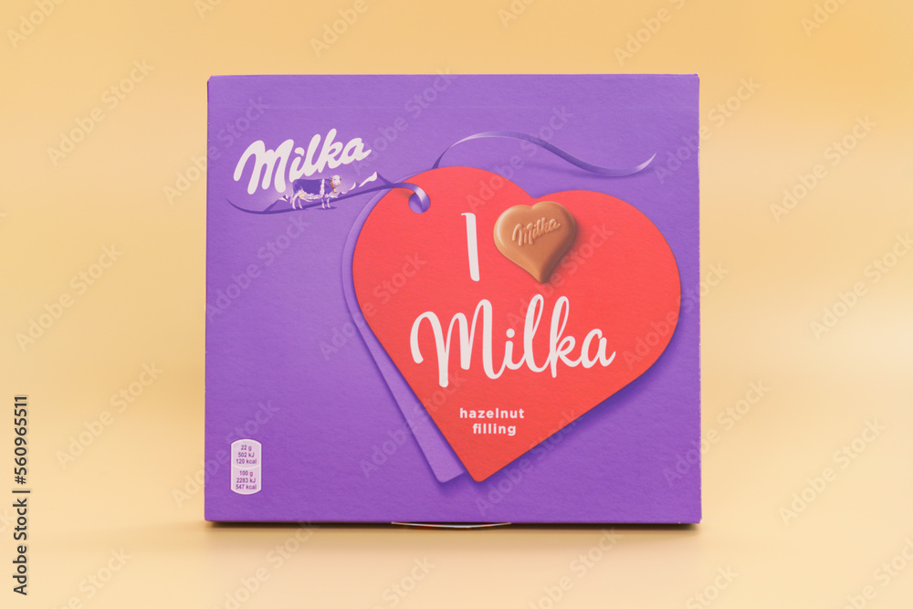 Lörrach, Germany - Jan 12, 2023: Violet box of heart-shaped chocolates ...