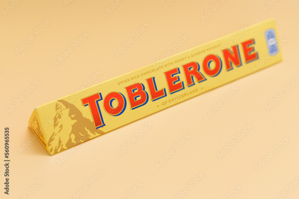 Zurich, Switzerland - Jan 12, 2023: Toblerone Swiss milk chocolate with ...