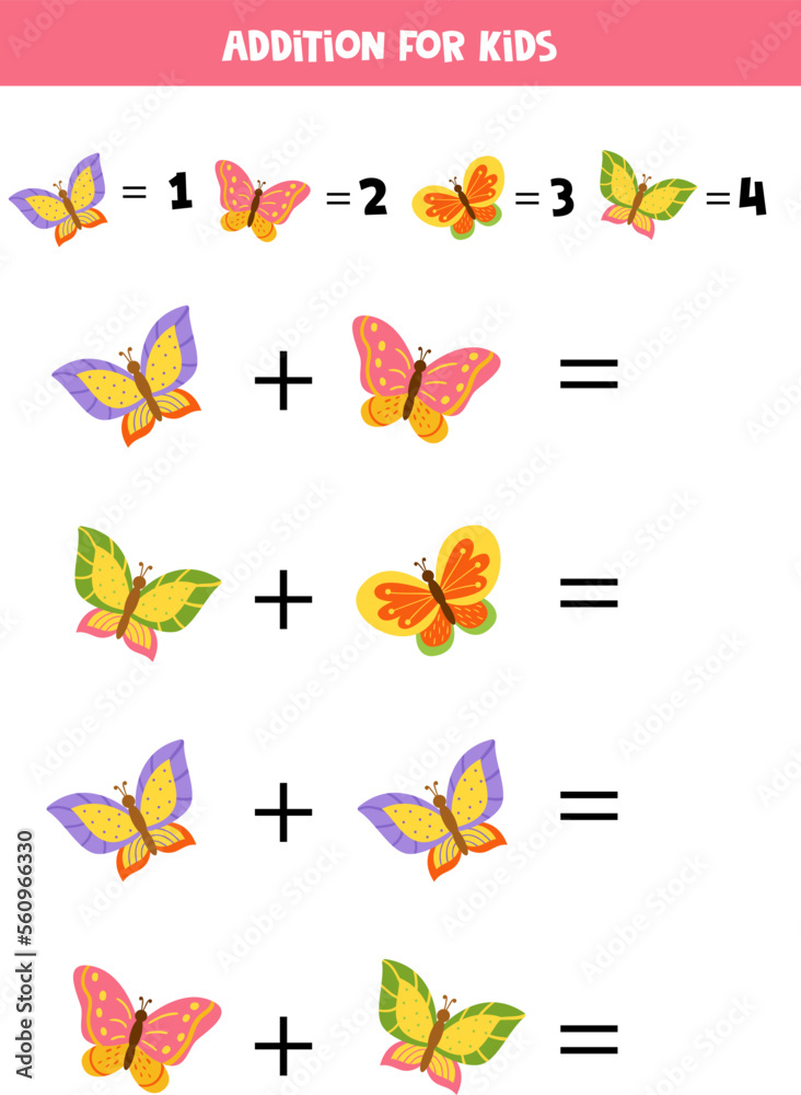 Addition game with different butterflies. Educational math game for ...