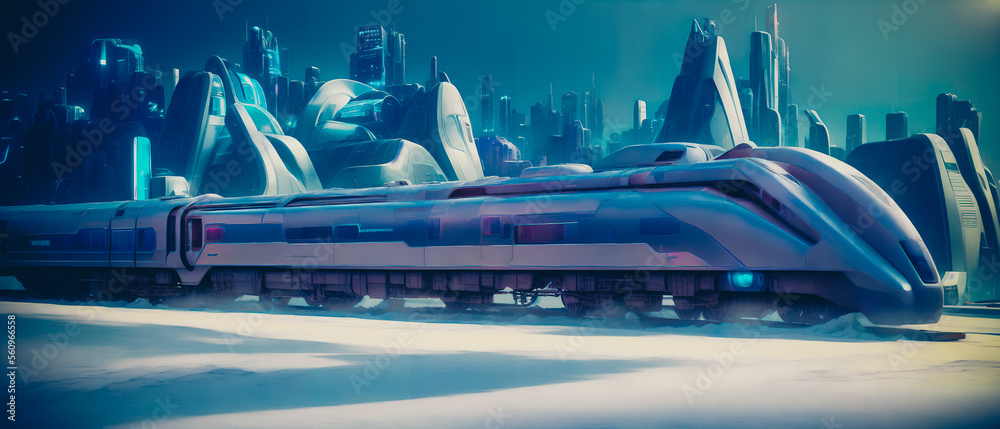 A futuristic train is depicted in this abstract painting, with lines ...