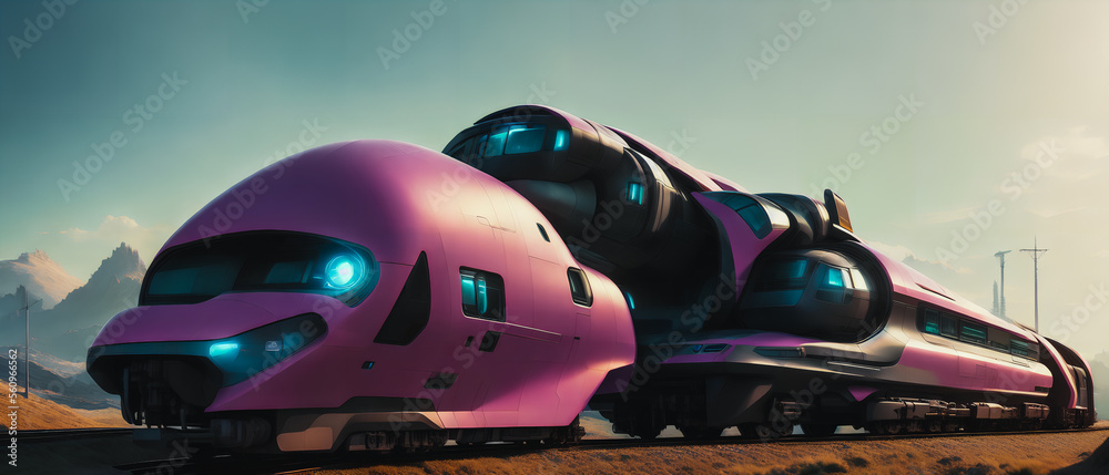 A futuristic train is depicted in this abstract painting, with lines ...