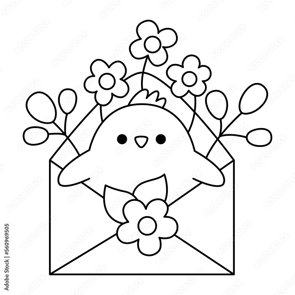 Vector black and white Easter chick icon for kids. Cute kawaii chicken ...