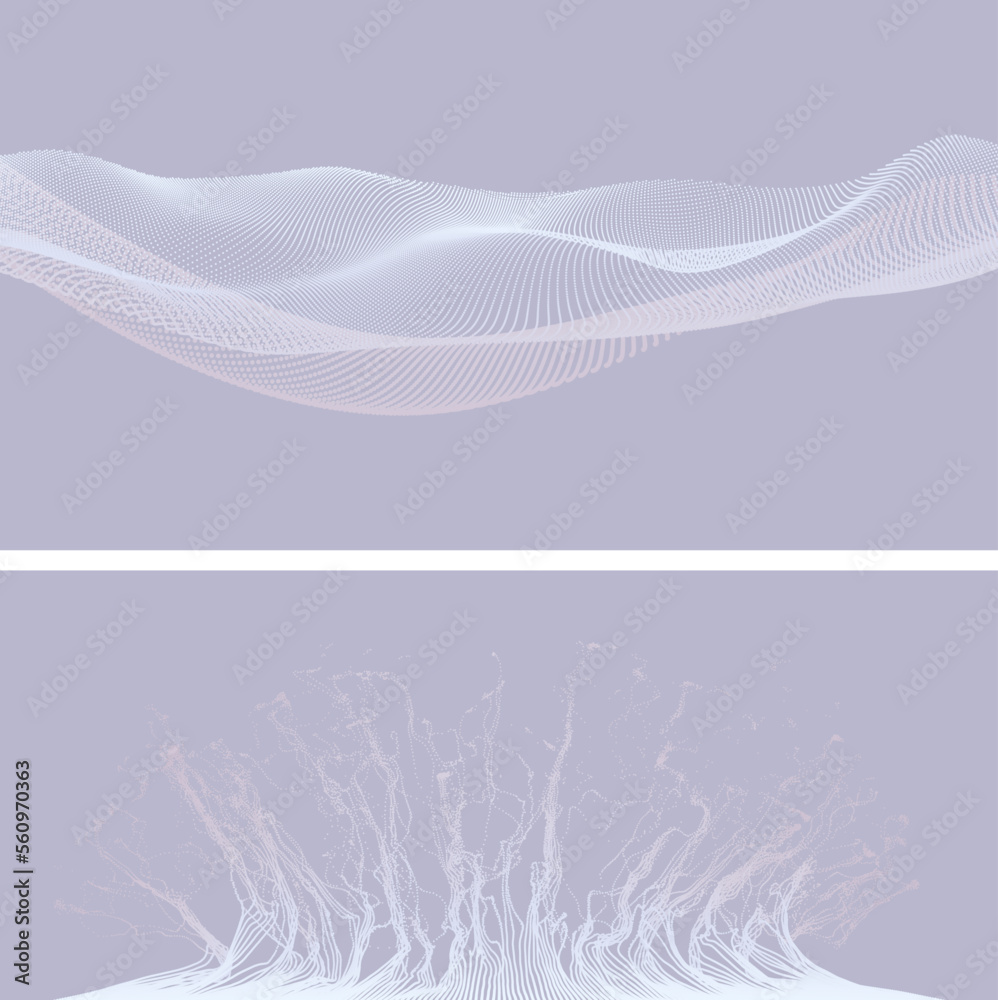 3D wavy background. Array with dynamic emitted particles. A wave formed from many dots. Abstract ...