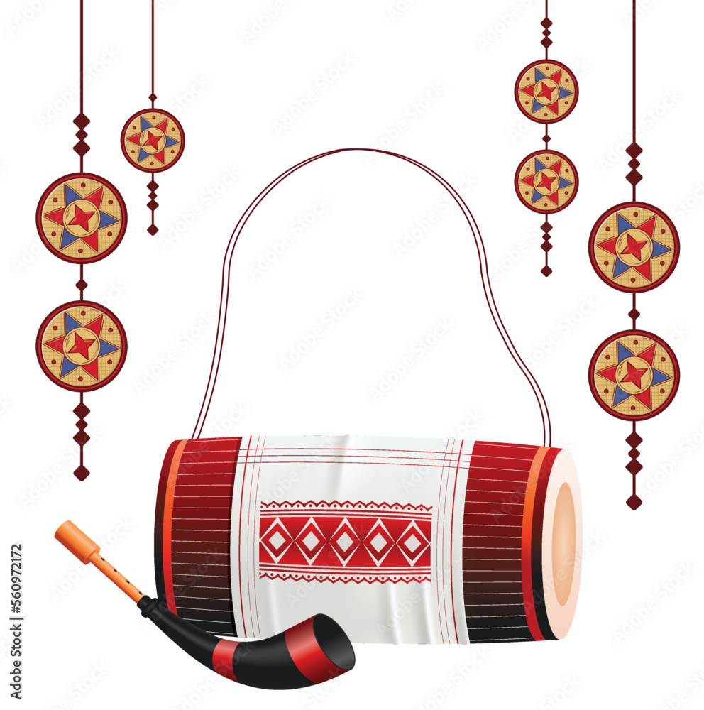 Greeting background with drum (dhol, onoinya) decorated with gamosa ...