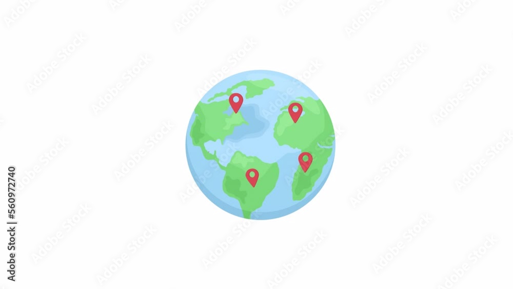 Animated earth with red pins. Round-the-world trip. Traveling. Flat ...