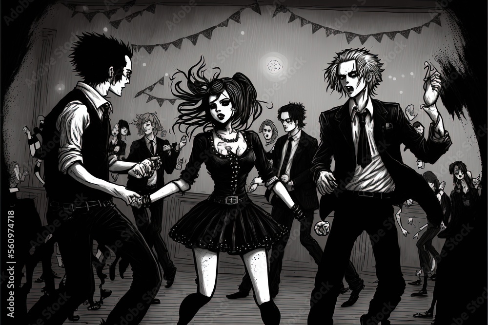 Fototapeta kuchenna Goths dancing in high school. Cartoon illustration ...