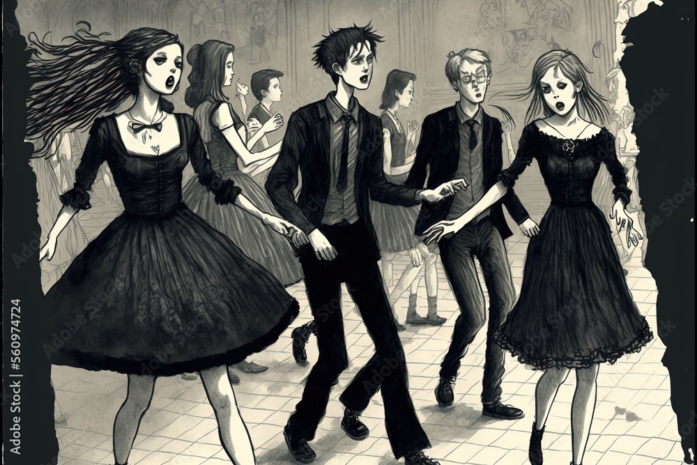 Alternative goth teenagers dancing on the dance floor in high school ...
