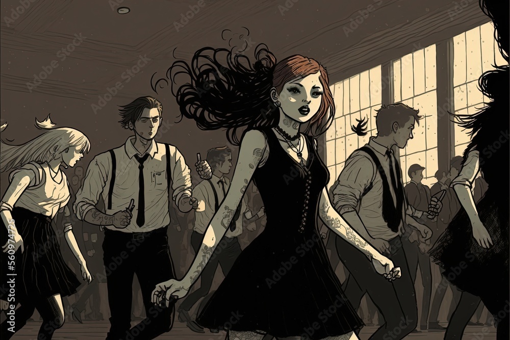 Ilustrace „goth Girl Dancing In High School Cartoon Illustration Featuring Dance Floor With