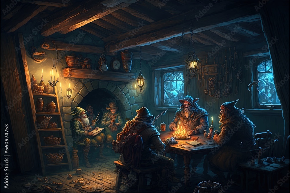 Medieval adventurers drinking ale inside of an inn. Fantasy ...