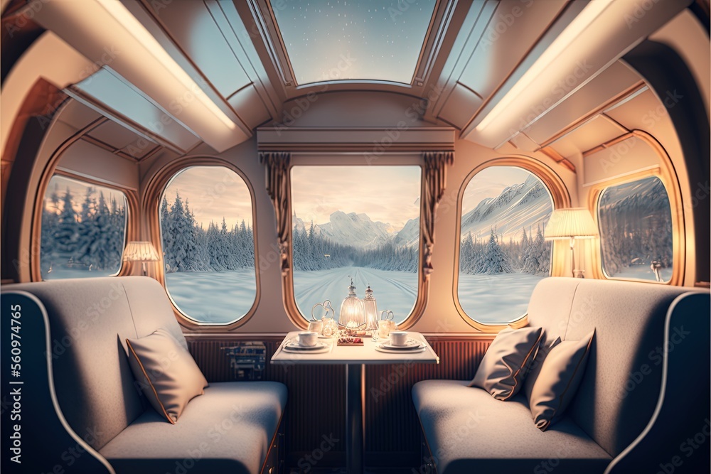 Interior of a luxury train travelling across a wintery landscape ...