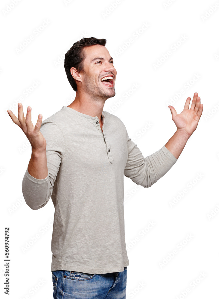 Happy, smile and man with hands, palms and winning hand gesture in the ...