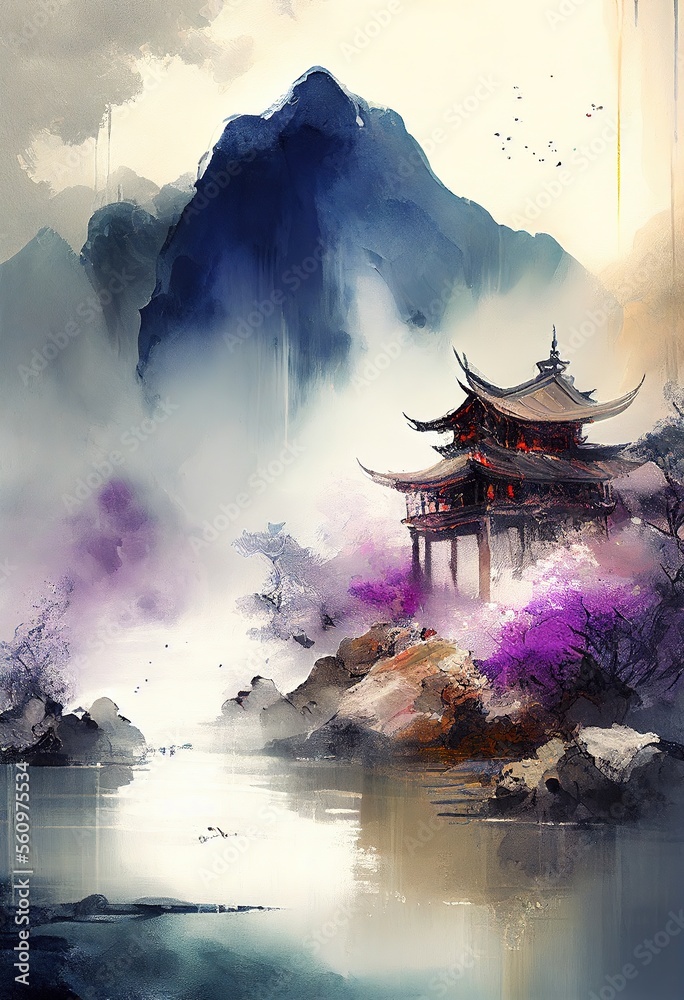 Ancient temple in the mountains inspired by South Korea. Abstract ...