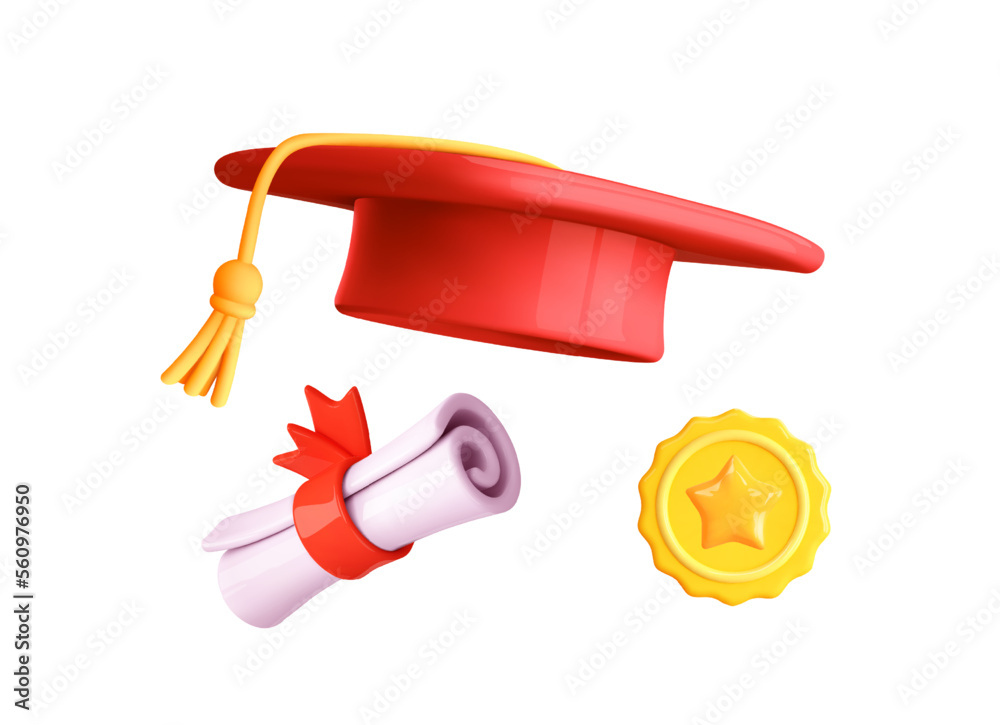 3d graduate red hat ,certify stamp and diploma icon. Education ...