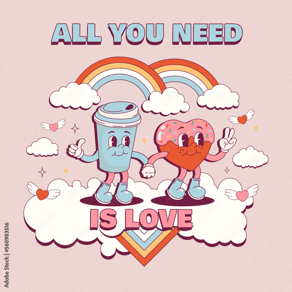 Groovy retro card poster for Valentine's day. Coffee And Donut Perfect ...