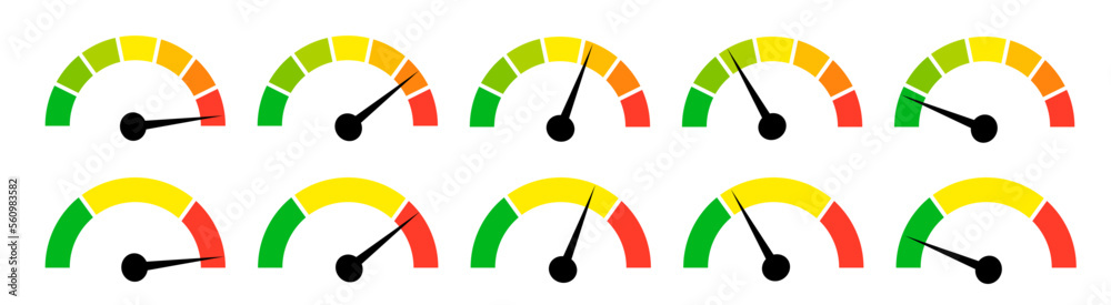 Speedometer gauge meter icons. Vector scale, level of performance ...