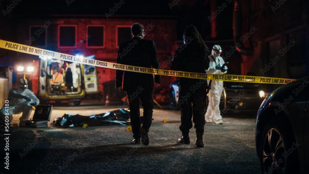 Cinematic Shot: Lieutenant Arriving At a Crime Scene, Crossing the ...
