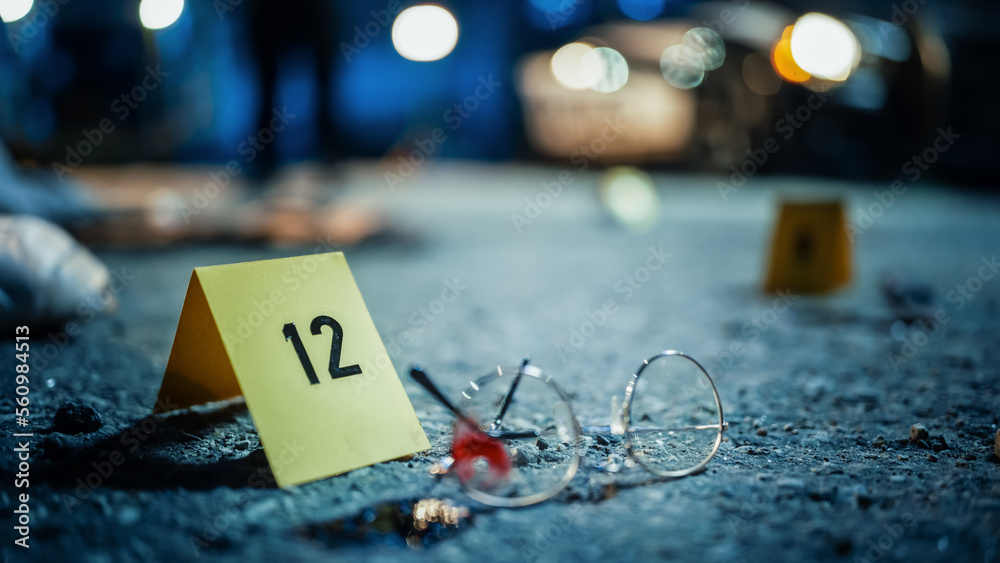 Extreme Close up Shot: Blood Patterns on the Floor of a Crime Scene at ...