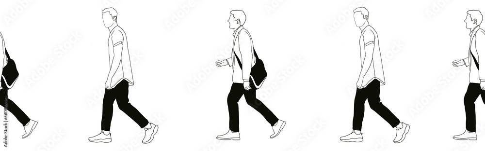 Border with walking people. Hand drawn illustration. Black and white ...