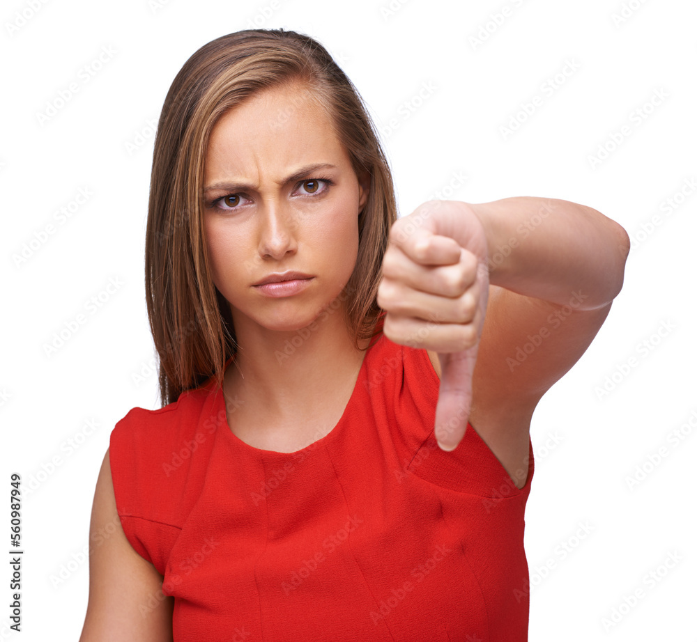 Woman, hand and thumbs down to disagree, failure or disapproval against ...