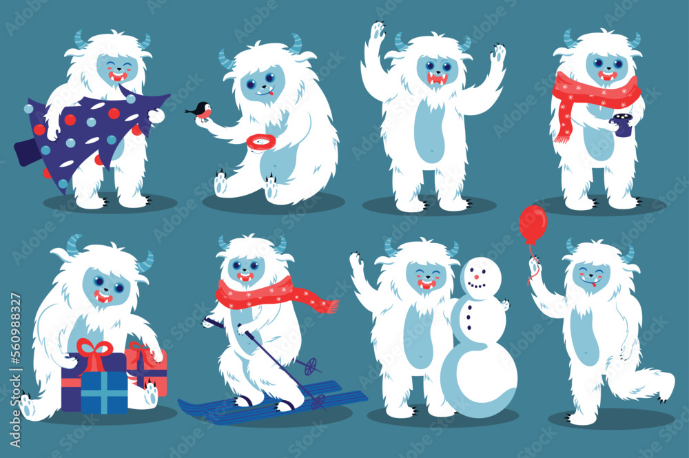 Cute Yeti set icons concept without people scene in the flat cartoon ...
