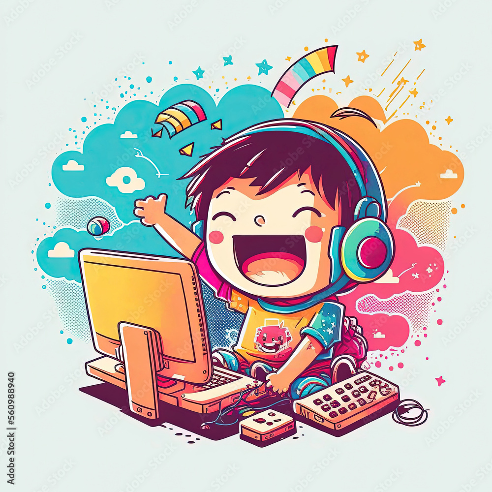 Happy Boy using Computer and Technology in colorful cartoon style ...