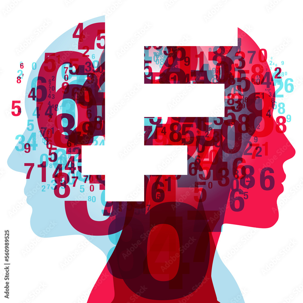 2 back-to-back figure silhouettes overlaid randomly with various sized ...