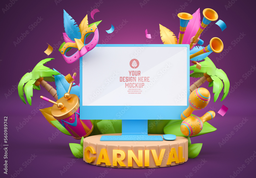 Computer screen with Carnival ornaments Mockup Stock Template | Adobe Stock