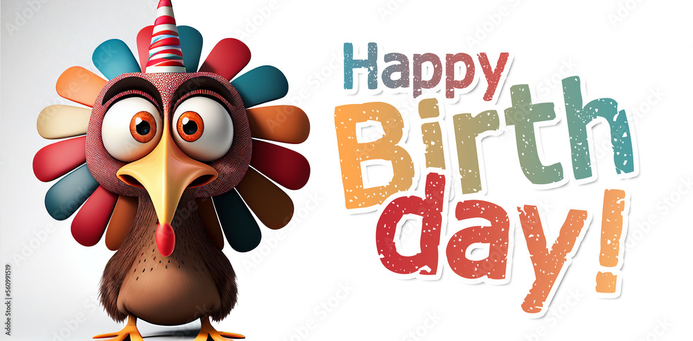 Cute birthday card/greeting/invitation, colorful illustration of turkey ...