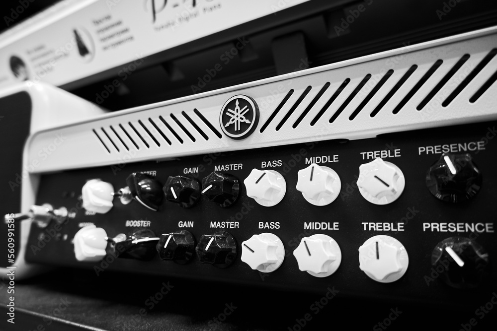 Ryazan, Russia - October 9, 2022: Front panel of a Yamaha tube guitar ...