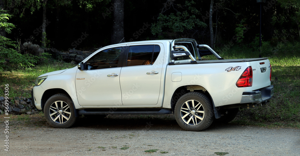 Toyota Hilux 4x4 truck. White truck. All terrain vehicle. Conveyance ...