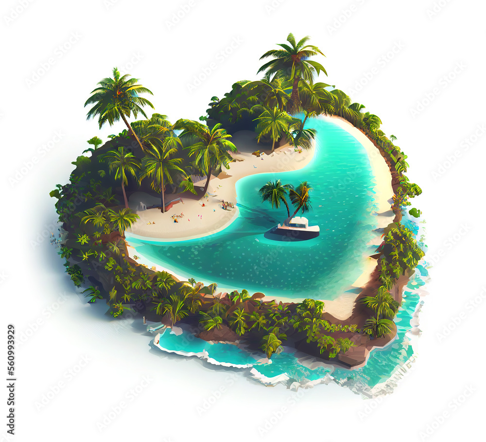 Isometric heart shaped tropical island isolated on white background ...