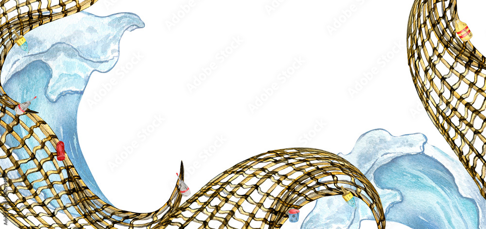 Banner of fishing net and buoy, seascape watercolor illustration ...