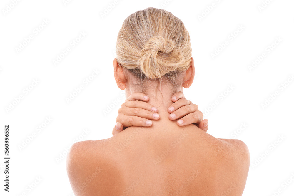 Neck pain, injury and woman in a studio with discomfort, stress or ache ...