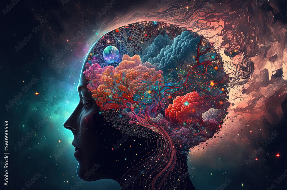 Human brain, human mind, idea. Psychedelic art, fractalism, psychedelic, surrealism. Generative ...