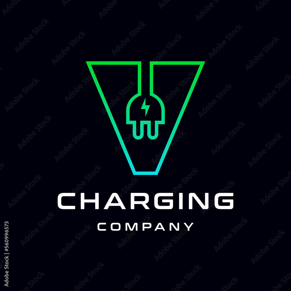 Letter V Electric Plug vector logo template. Font with green and blue ...
